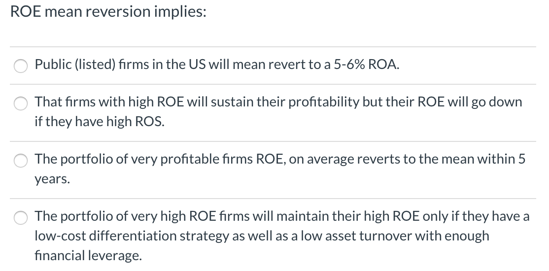 Solved ROE mean reversion implies: O Public (listed) firms | Chegg.com