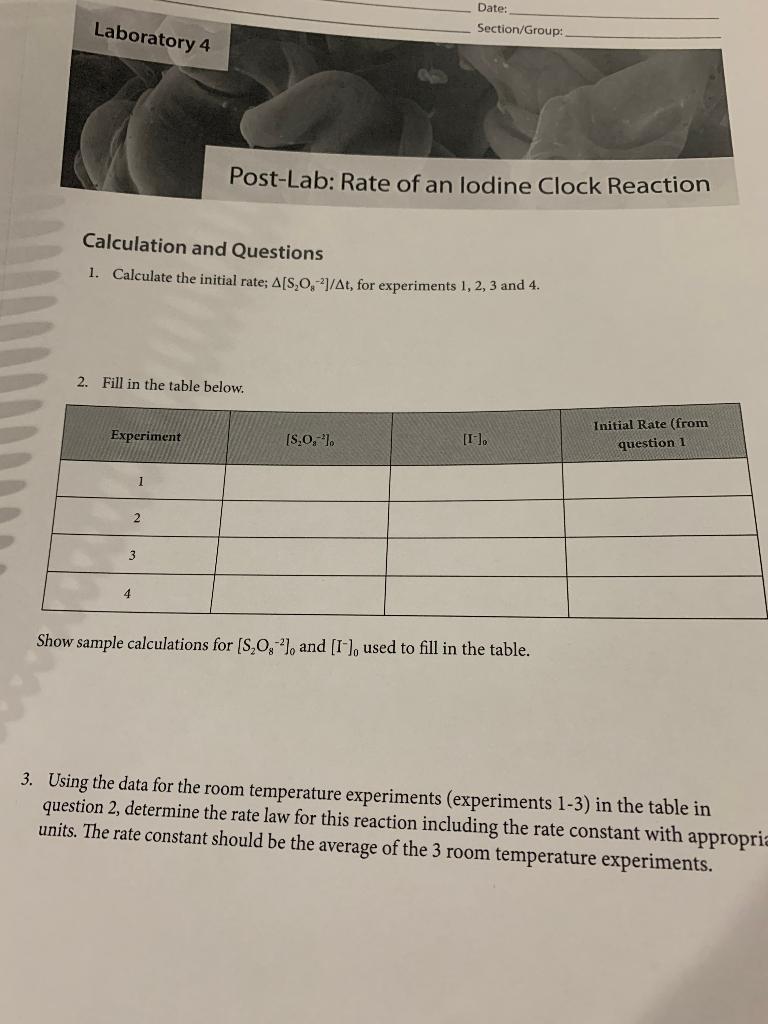 Laboratory 4 Section/Group: Data: Rate of an lodine | Chegg.com Laboratory 4 Section/Group: Data: Rate of an lodine | Chegg.com