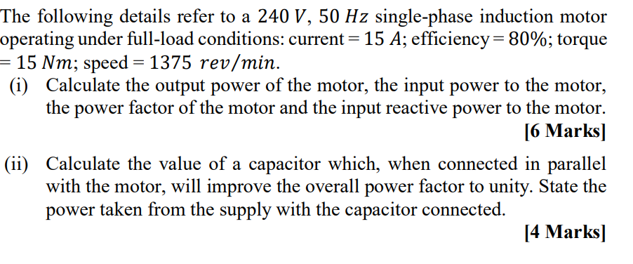 Solved the power The following details refer to a 240 V, 50 | Chegg.com