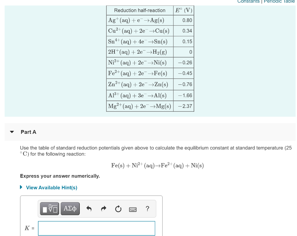 Solved Constants Periodic Table Reduction half-reaction E° | Chegg.com