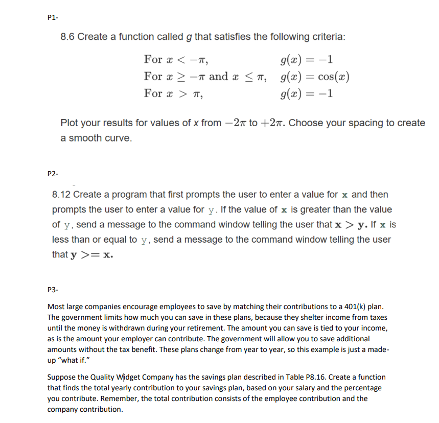 Solved P1- 8.6 Create a function called g that satisfies the | Chegg.com
