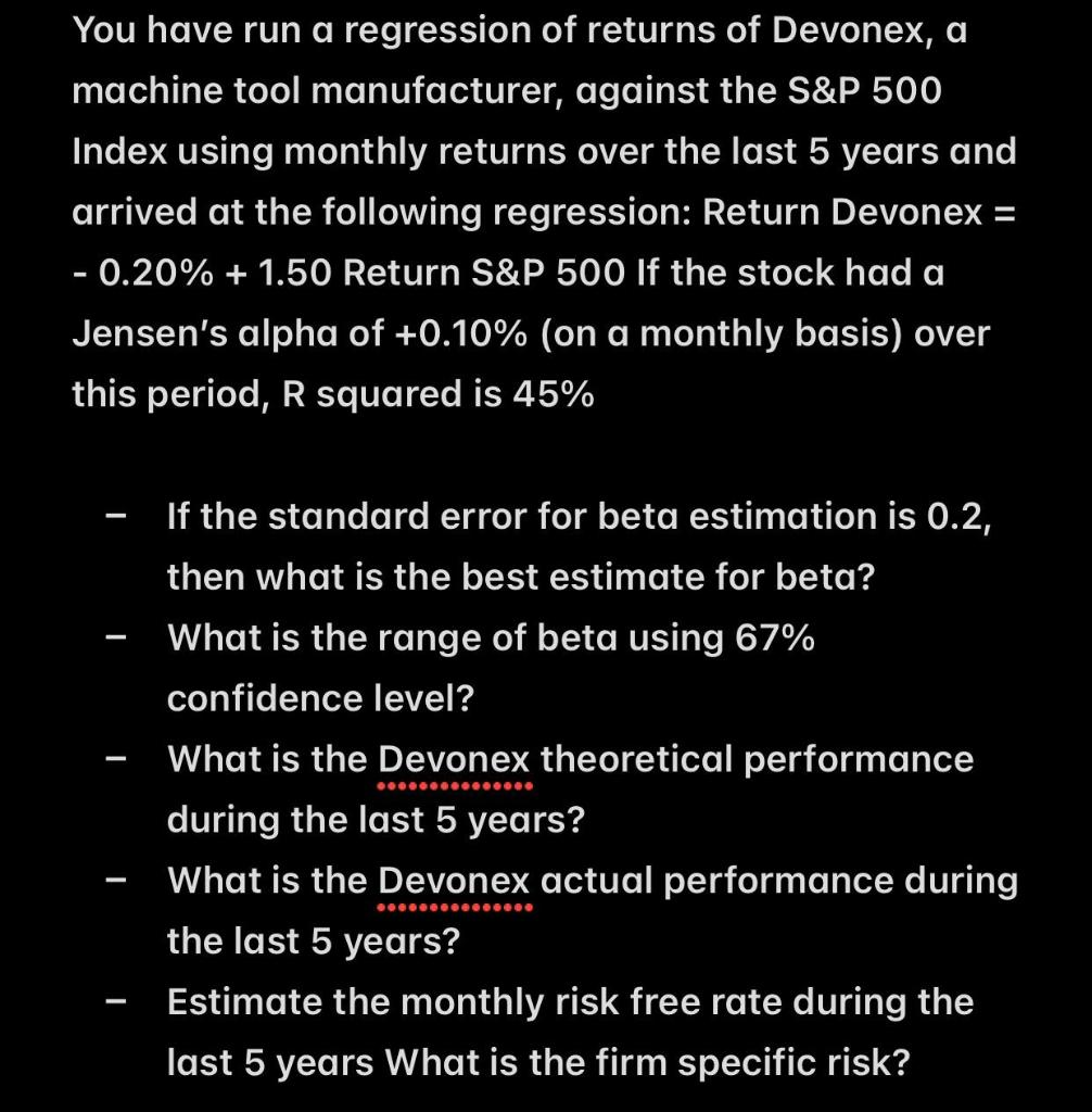 Solved You have run a regression of returns of Devonex, a | Chegg.com