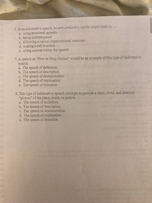 Solved Intormative speeches do not include opinion. T F 2. | Chegg.com