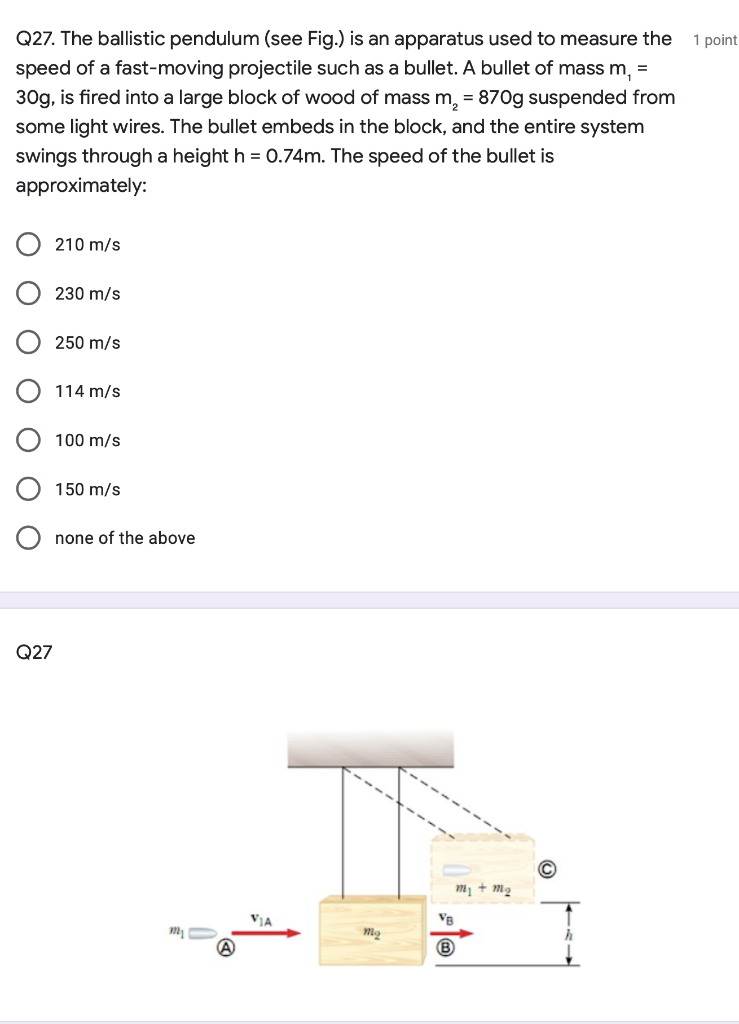 Solved 1 point Q27. The ballistic pendulum (see Fig.) is an | Chegg.com