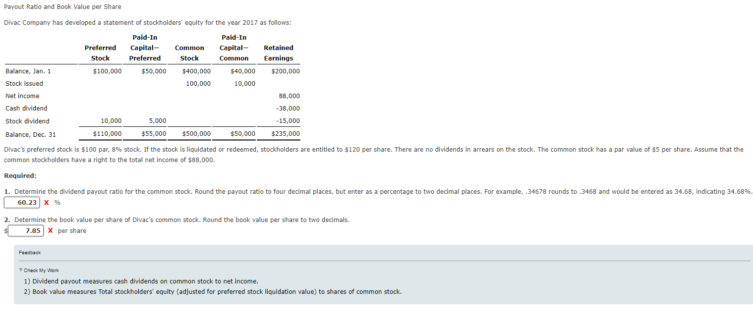 Solved Payout Ratio and Book Value per Share Divac Company | Chegg.com