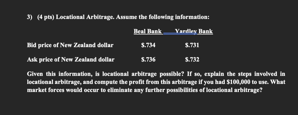 Solved 3) (4 pts) Locational Arbitrage. Assume the following | Chegg.com