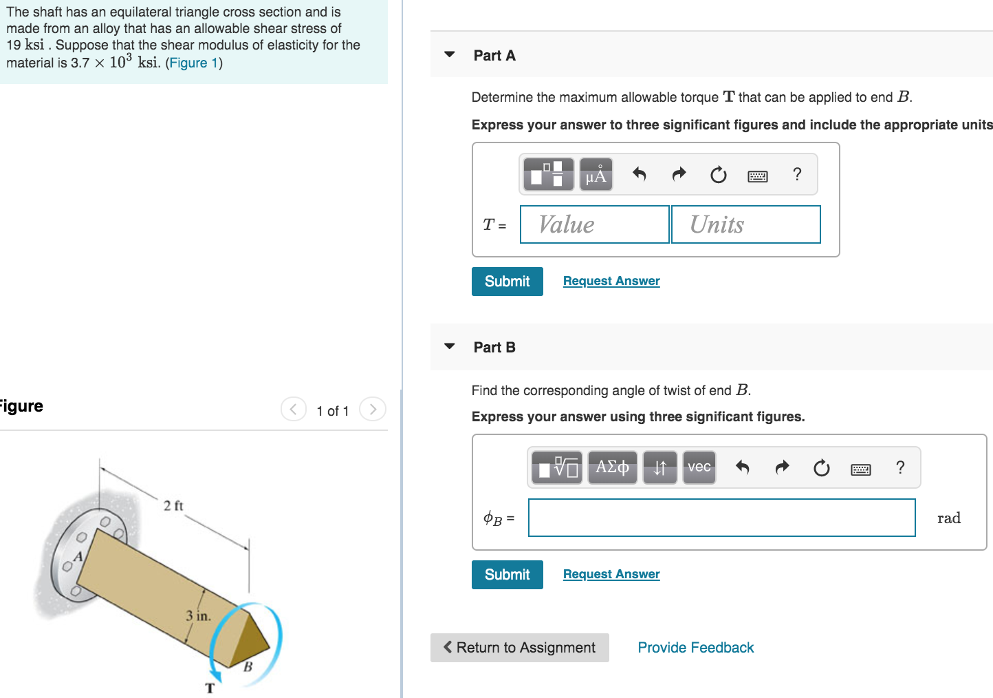 Solved The shaft has an equilateral triangle cross section | Chegg.com