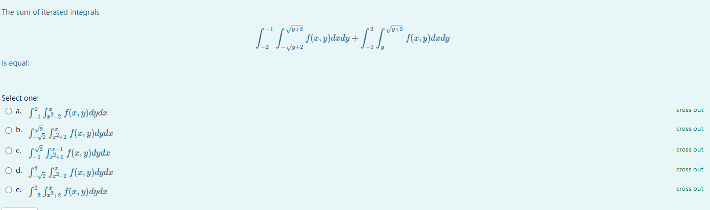 Solved The sum of iterated integrals is equal: Select one: O | Chegg.com
