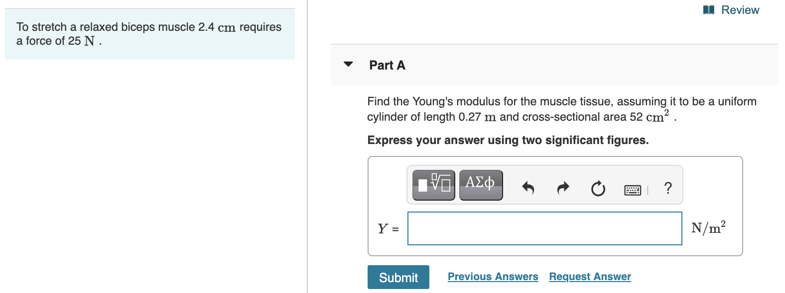 Solved n Review To stretch a relaxed biceps muscle 2.4 cm | Chegg.com