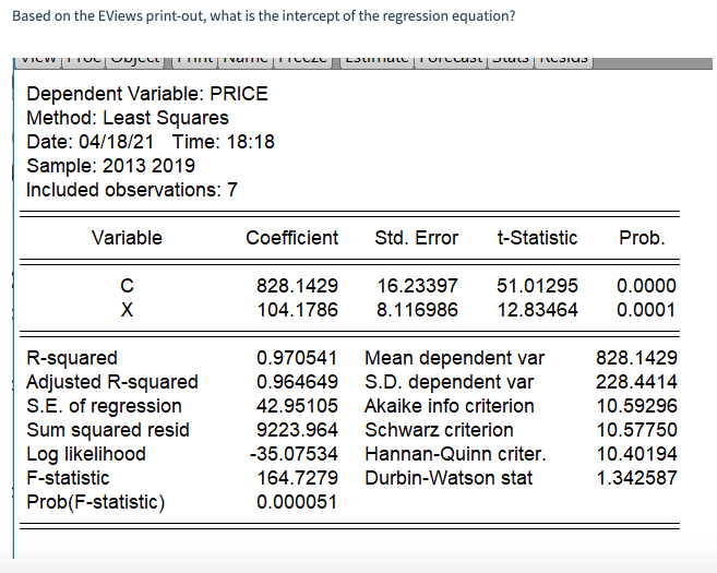 Solved Based on the Eviews print-out, what is the intercept | Chegg.com