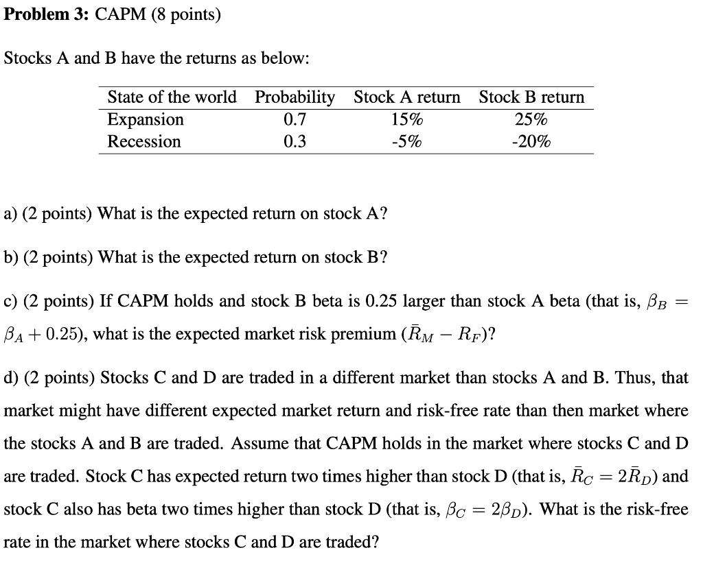 Solved Problem 3: CAPM (8 points) Stocks A and B have the | Chegg.com
