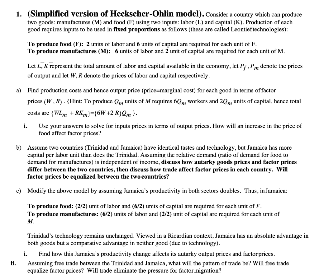 1. (Simplified version of Heckscher-Ohlin model). | Chegg.com