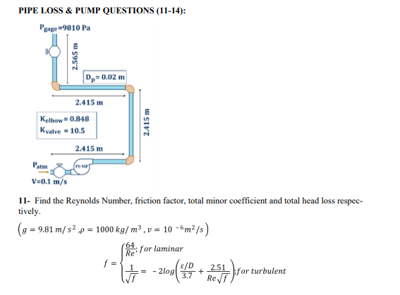 Solved PIPE LOSS \& PLMP QUESTIONS (11-14)k 11- Find the | Chegg.com