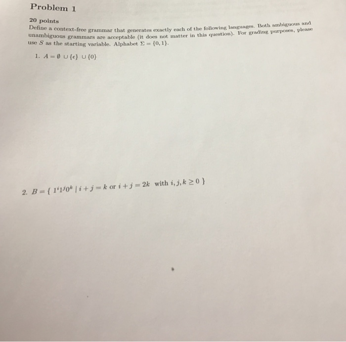 Solved Problem 1 20 points Define a context-free grammar | Chegg.com