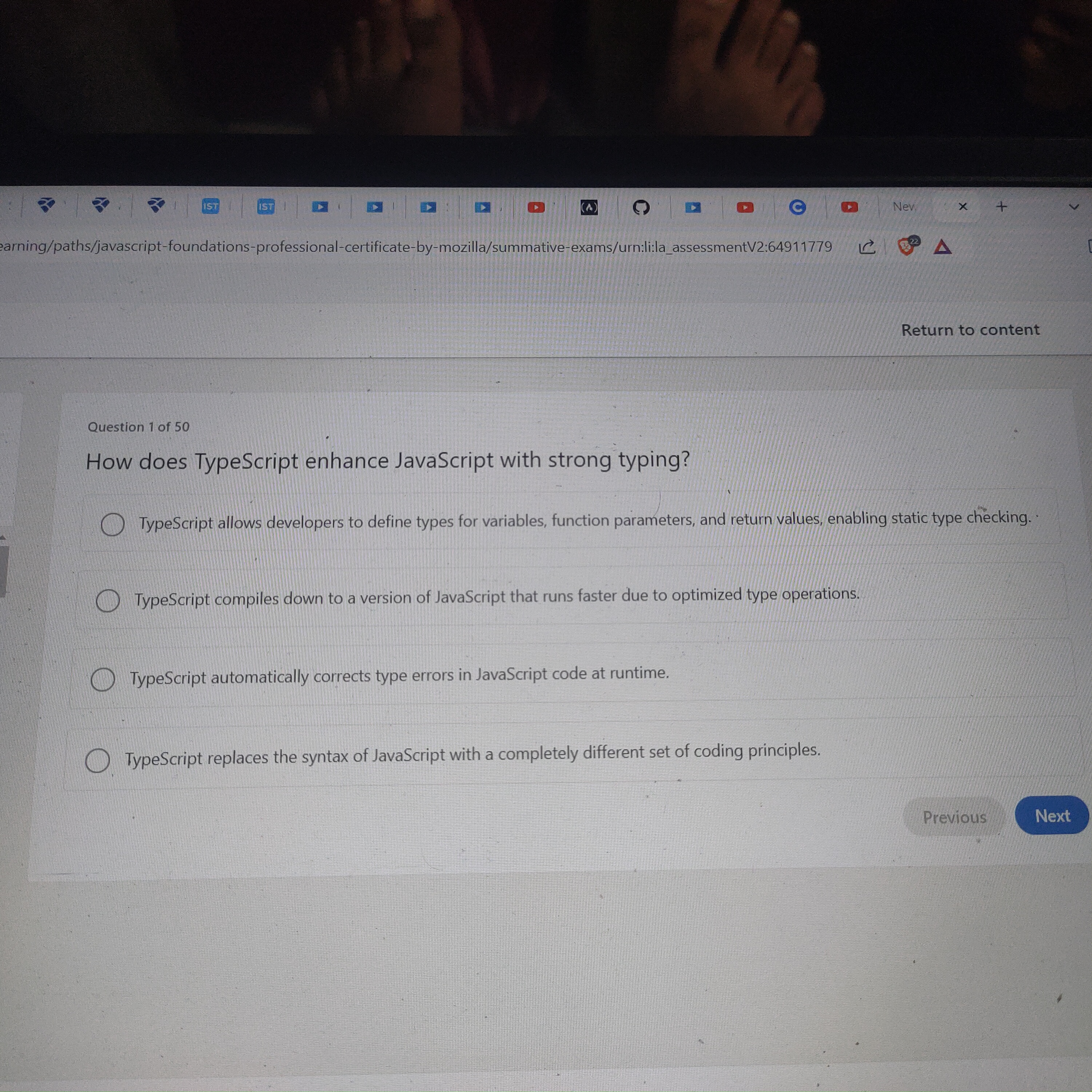 Solved Question 1 ﻿of 50How does TypeScript enhance | Chegg.com