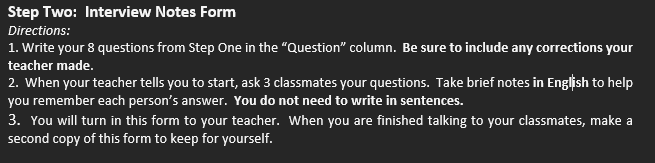 Step Two: Interview Notes Form Directions: 1. Write | Chegg.com
