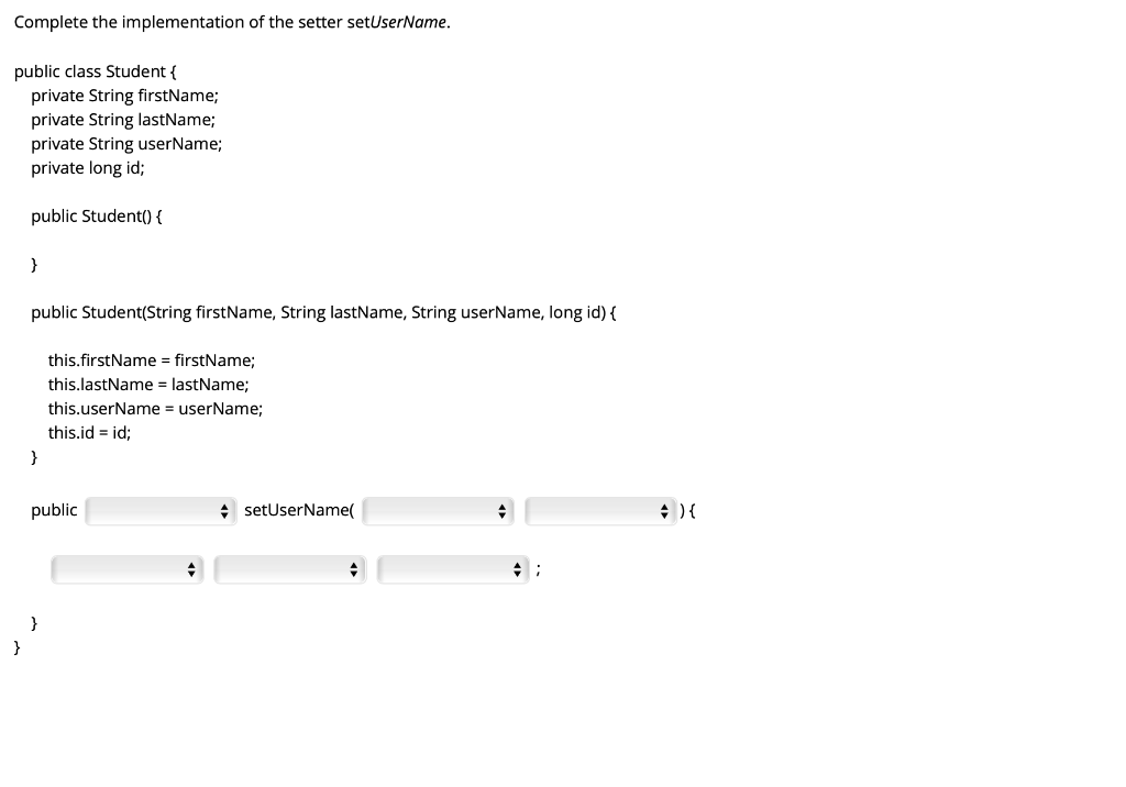 Solved Complete the implementation of the setter | Chegg.com
