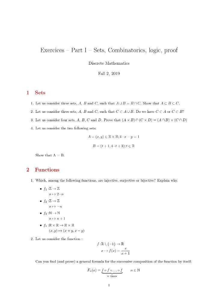 Solved Exercices Part I - Sets, Combinatorics, logic, proof | Chegg.com