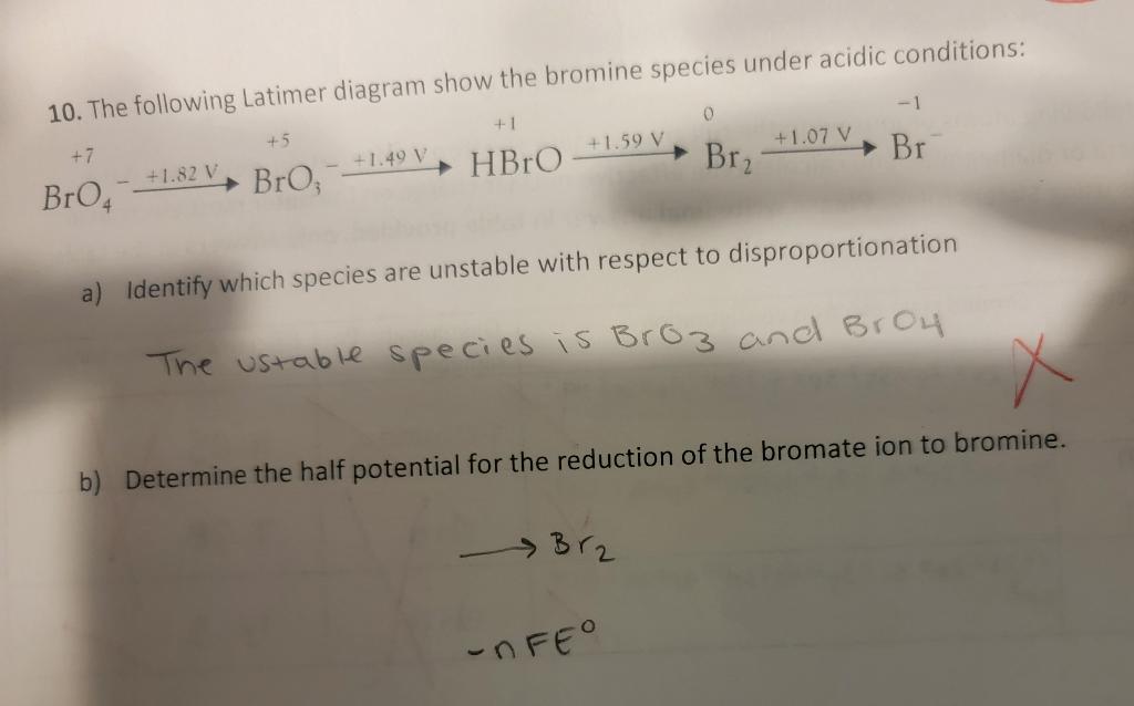 Solved 10. The following Latimer diagram show the bromine | Chegg.com