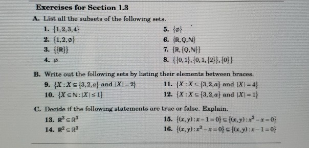 Solved Exercises for Section 1.3 A. List all the subsets of | Chegg.com