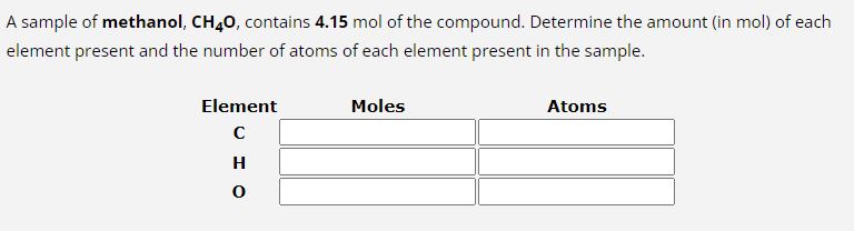 Solved A sample of methanol, CH4O, contains 4.15 mol of the | Chegg.com