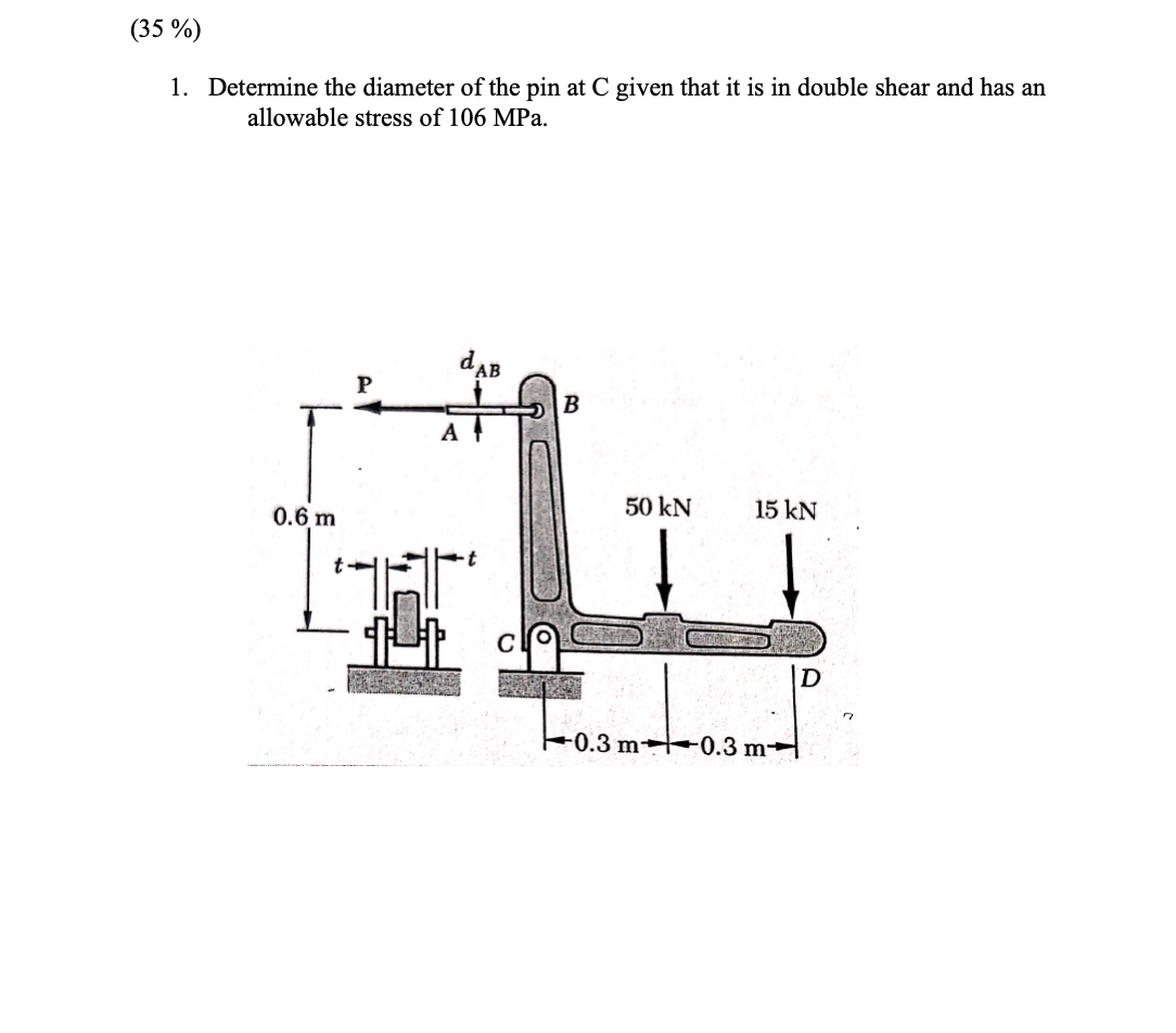 Solved (35 %) 1. Determine the diameter of the pin at C | Chegg.com