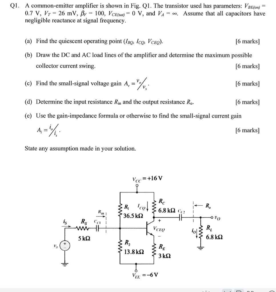 Solved = Q1. A common-emitter amplifier is shown in Fig. 21. | Chegg.com