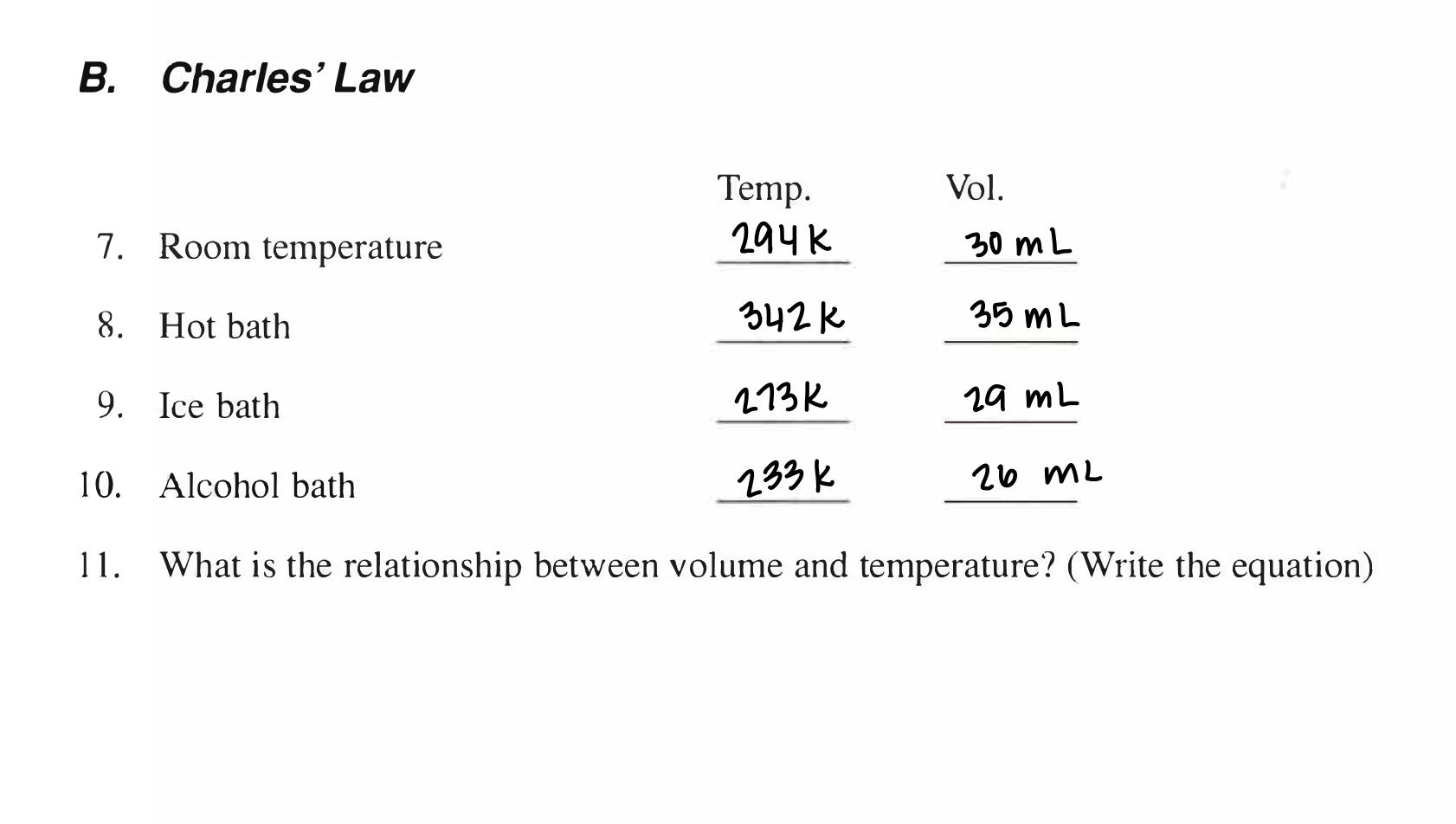 Solved B. Charles' Law Vol. Temp. 294 K 7. Room temperature | Chegg.com