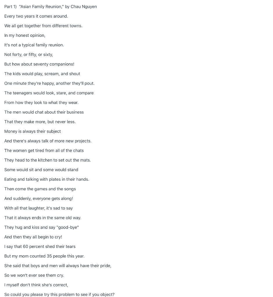 Solved Part 1) "Asian Family Reunion," by Chau Nguyen Every | Chegg.com