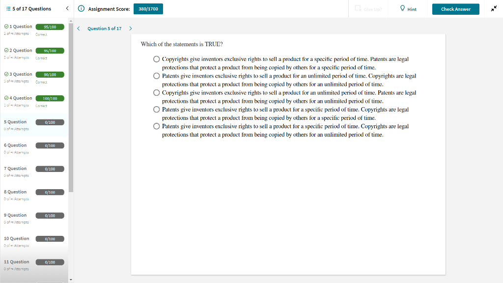 Solved Assignment Score: Hint 5 of 17 Questions 380/1700 | Chegg.com