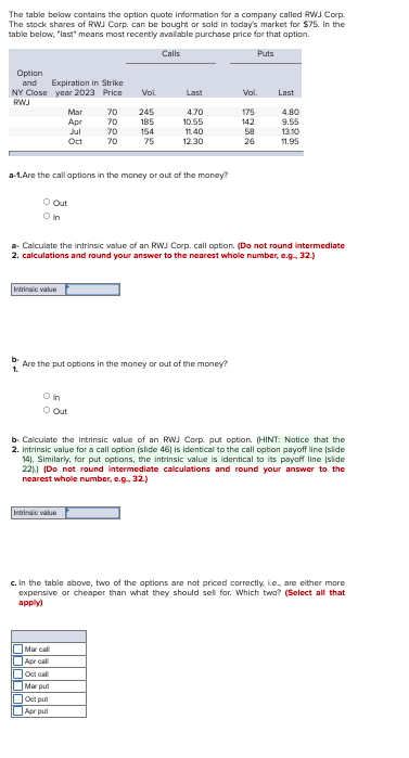 Solved The table below contains the option quote Information | Chegg.com