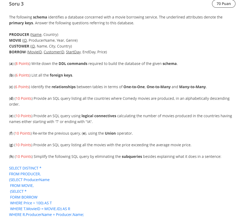 Solved Soru 3 70 Puan The following schema identifies a | Chegg.com
