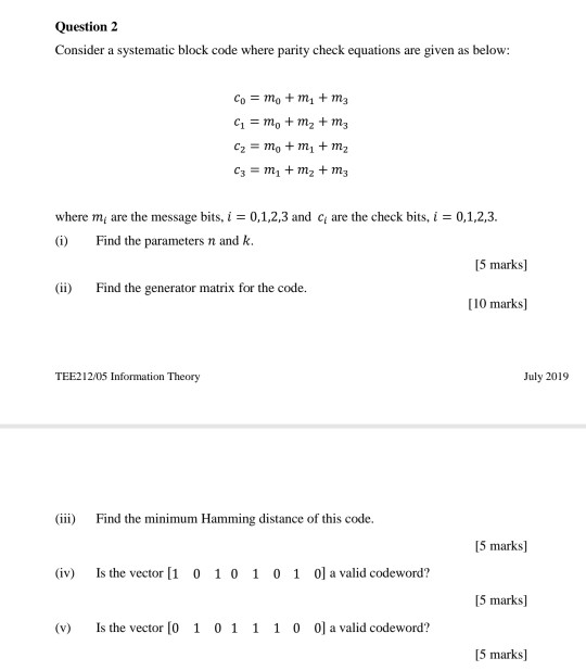 Solved Question 2 given as below Consider a systematic block | Chegg.com