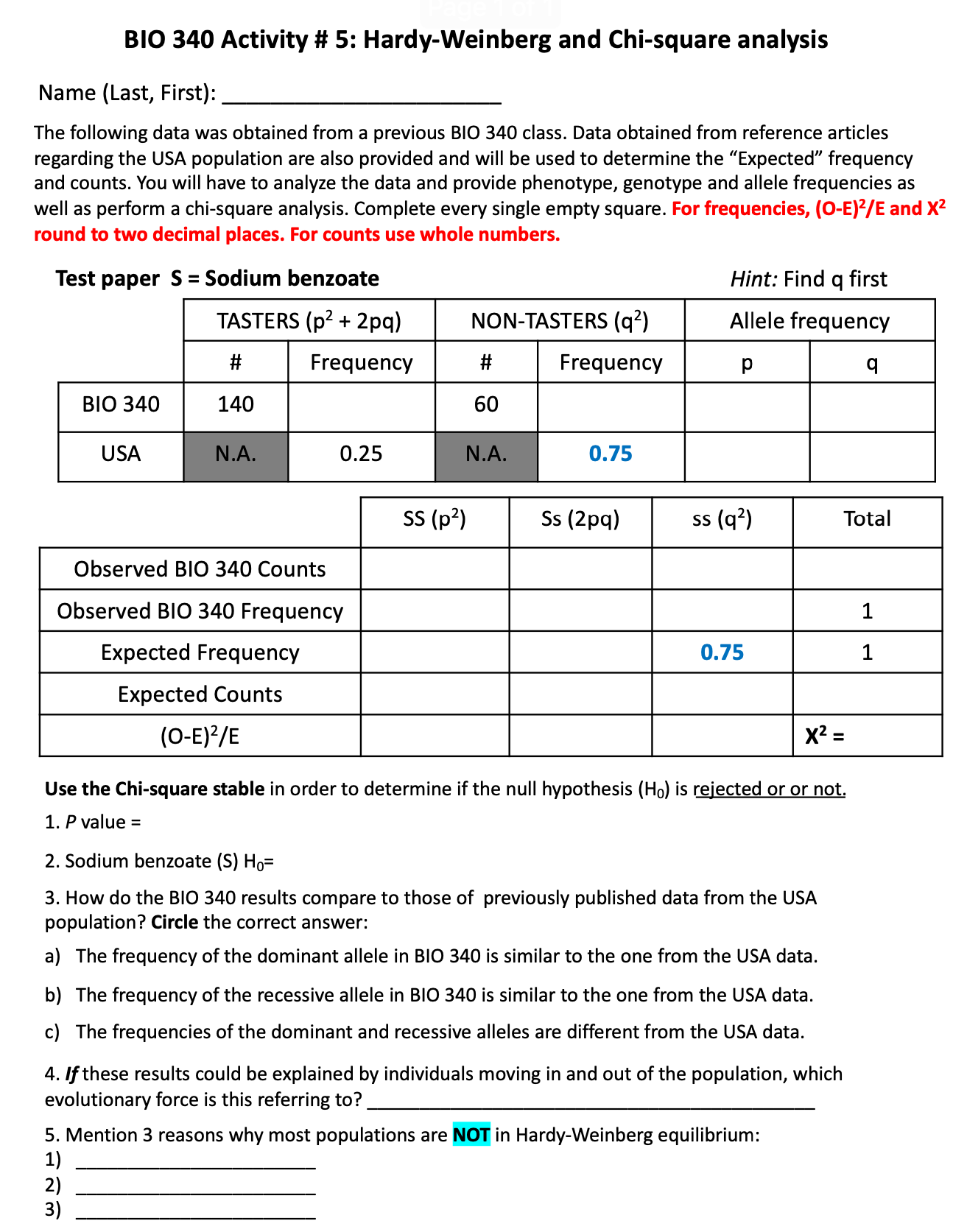 Solved BIO 340 ﻿Activity # 5: Hardy-Weinberg and Chi-square | Chegg.com