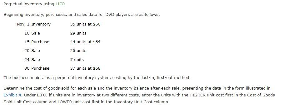 Solved Perpetual inventory using LIFO Beginning inventory, | Chegg.com