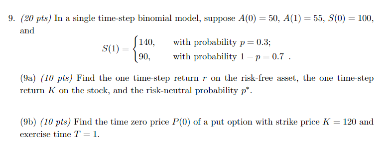 Solved 9. (20 pts) In a single time-step binomial model, | Chegg.com