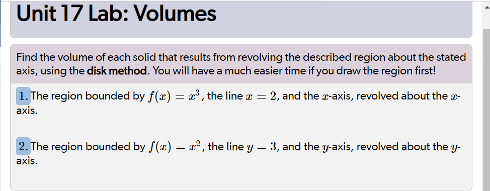 Solved Unit 17 Lab: Volumes Find the volume of each solid | Chegg.com