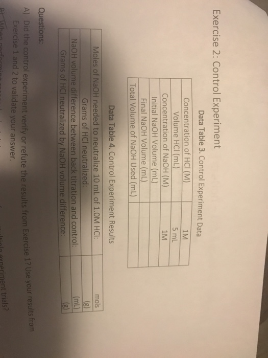 Exercise 2: Control Experiment Data Table 3. Control | Chegg.com