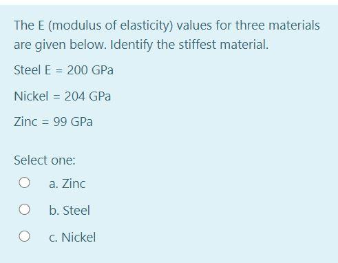 Solved The E (modulus of elasticity) values for three | Chegg.com