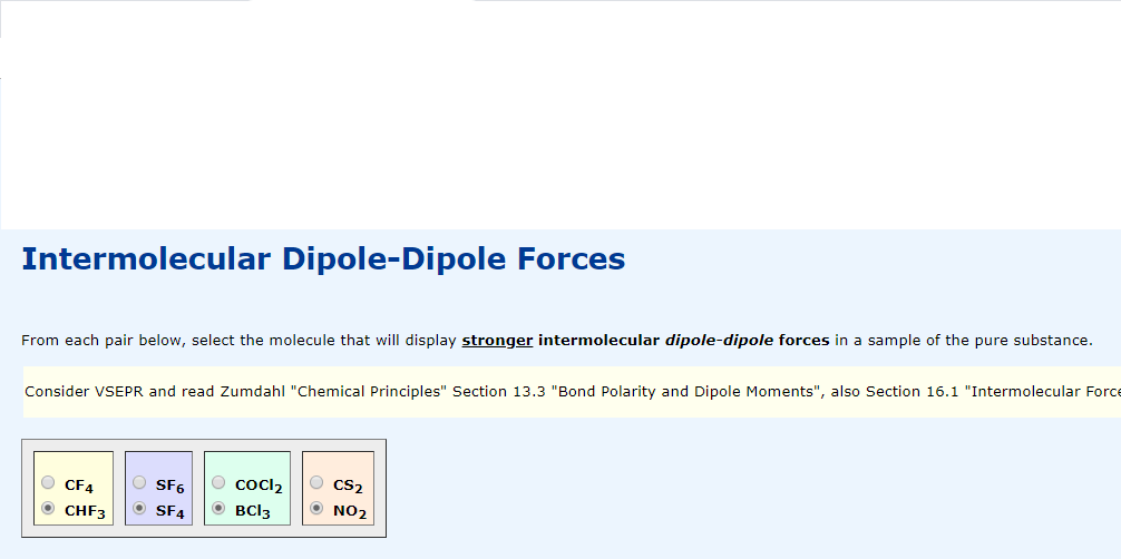 Solved Intermolecular Dipole-Dipole Forces From each pair | Chegg.com