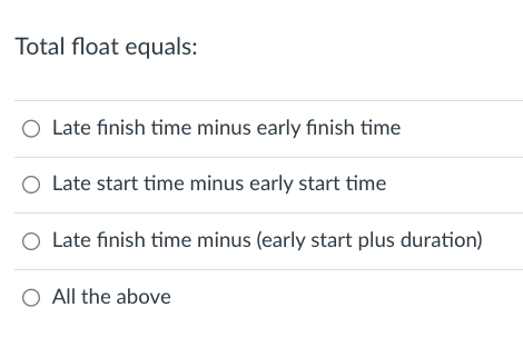 Solved Total float equals: Late finish time minus early | Chegg.com
