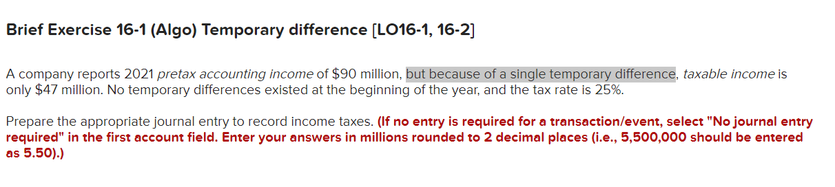 Solved Brief Exercise 16-1 (Algo) Temporary difference | Chegg.com