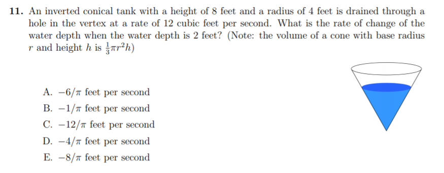 Solved 11. An inverted conical tank with a height of 8 feet | Chegg.com