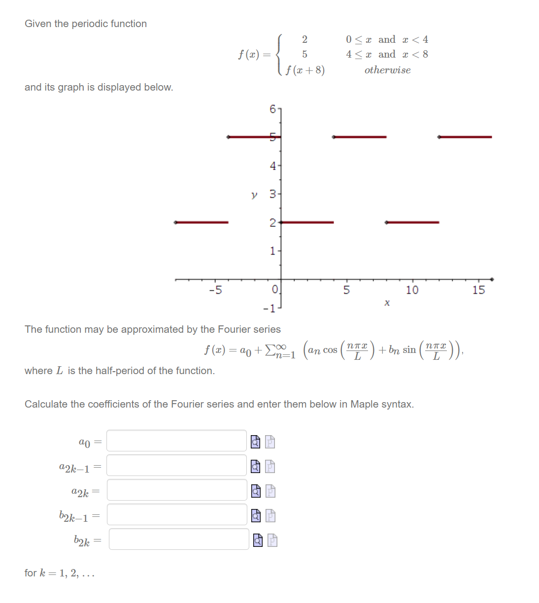Solved Given the periodic function f(x)=⎩⎨⎧25f(x+8)0≤x and | Chegg.com