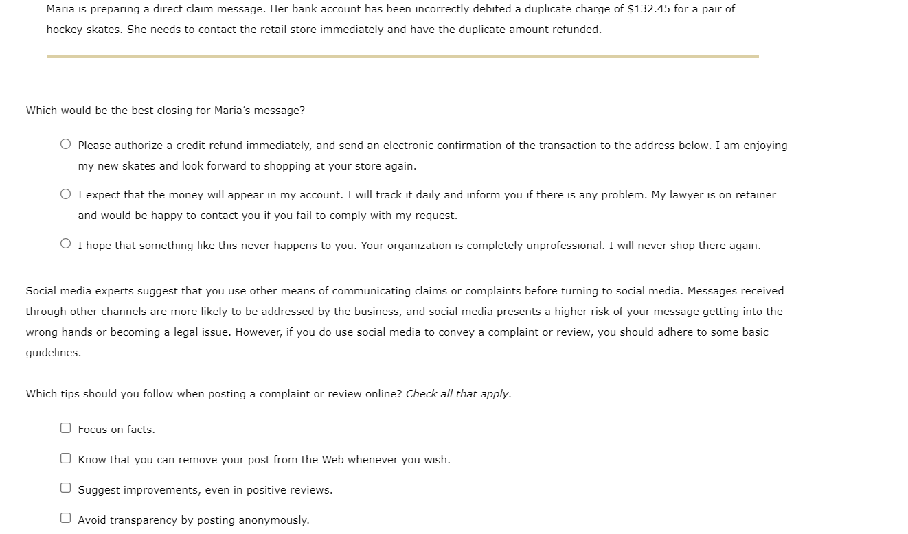 Solved Maria is preparing a direct claim message. Her bank | Chegg.com