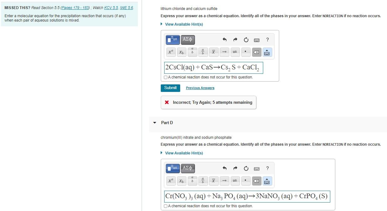 Solved lithium chloride and calcium sulfide MISSED THIS? | Chegg.com
