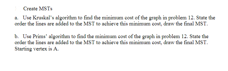 Solved Create MSTS a. Use Kruskal's algorithm to find the | Chegg.com