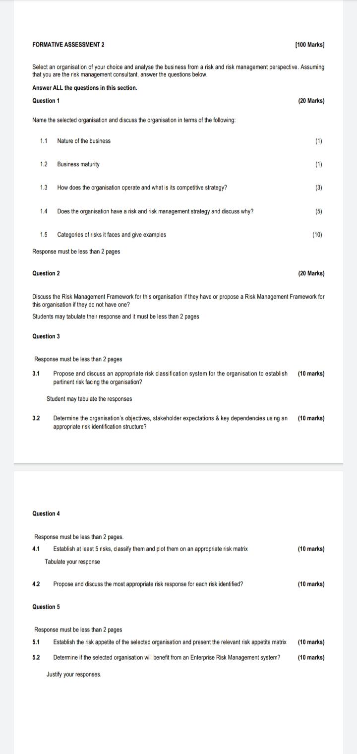 Solved Question 2 (20 Marks) Discuss the Risk Management | Chegg.com