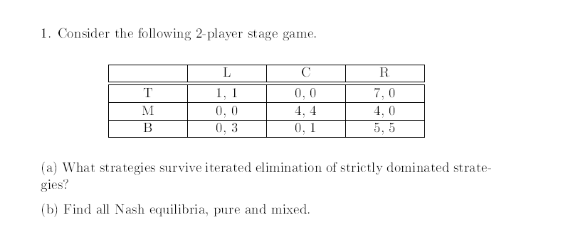 Solved 1. Consider the following 2-player stage game. (a) | Chegg.com