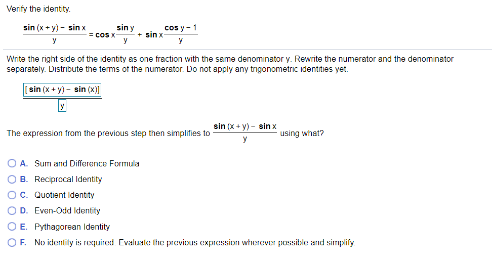 Solved Verify the identity sin (x + y) - sin x sin y cosy-1 | Chegg.com